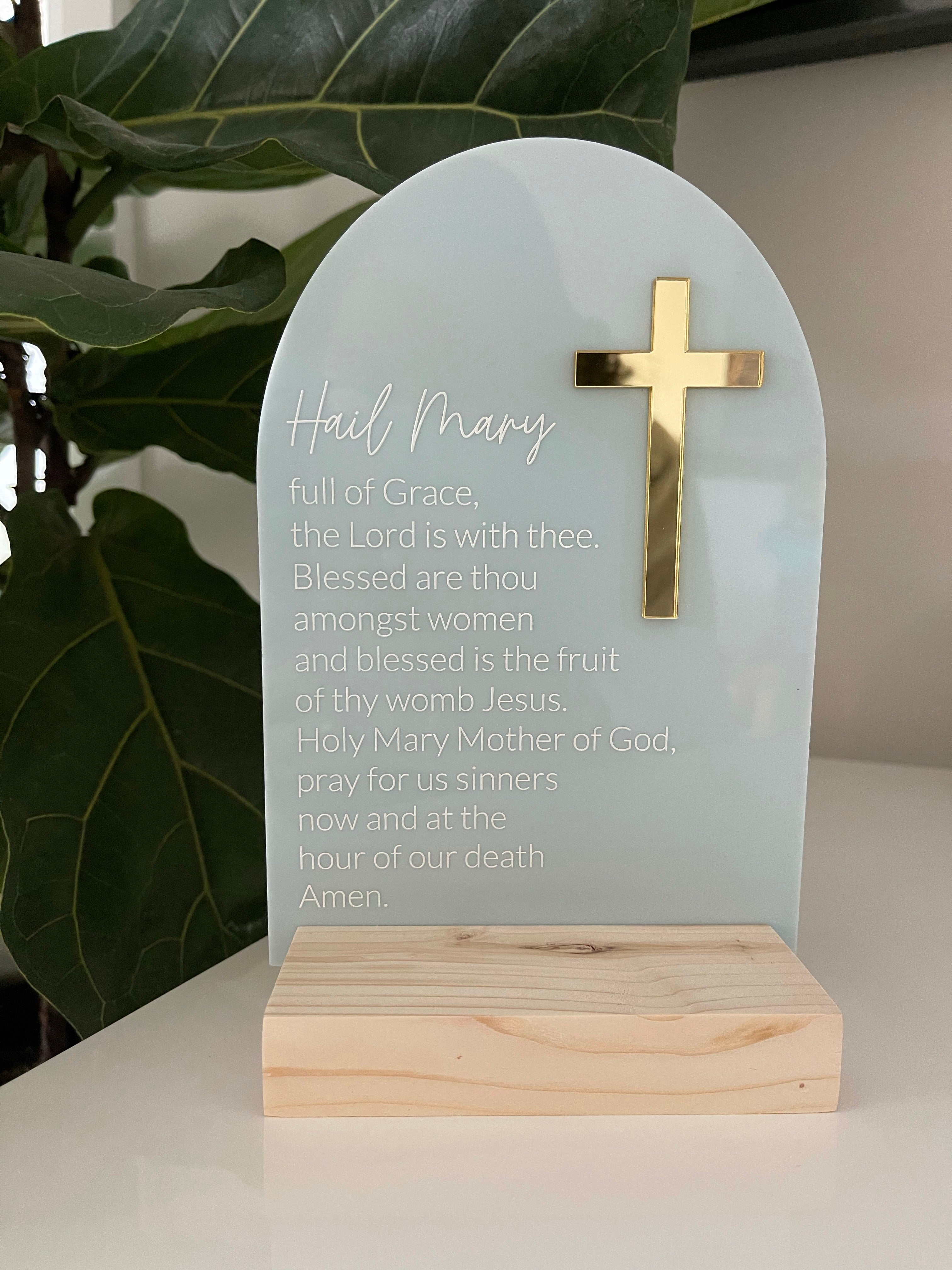 Hail Mary - pastel blue plaque with timber base – The Finer Detail by Kim